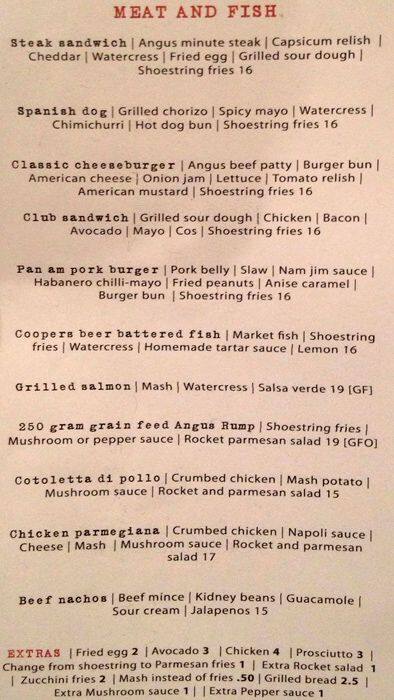 Menu at The Vault pub & bar, Sydney