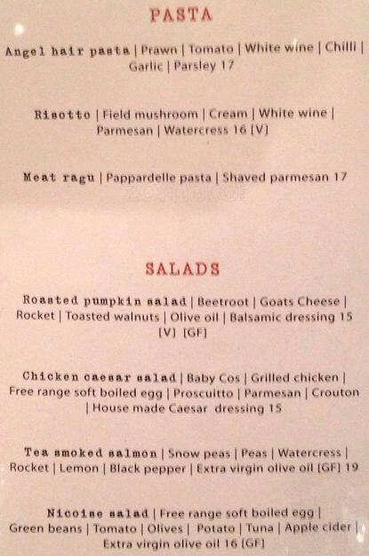 Menu at The Vault pub & bar, Sydney