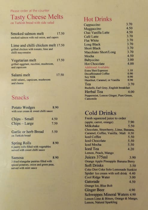 Menu at Lake Parramatta Cafe, North Parramatta