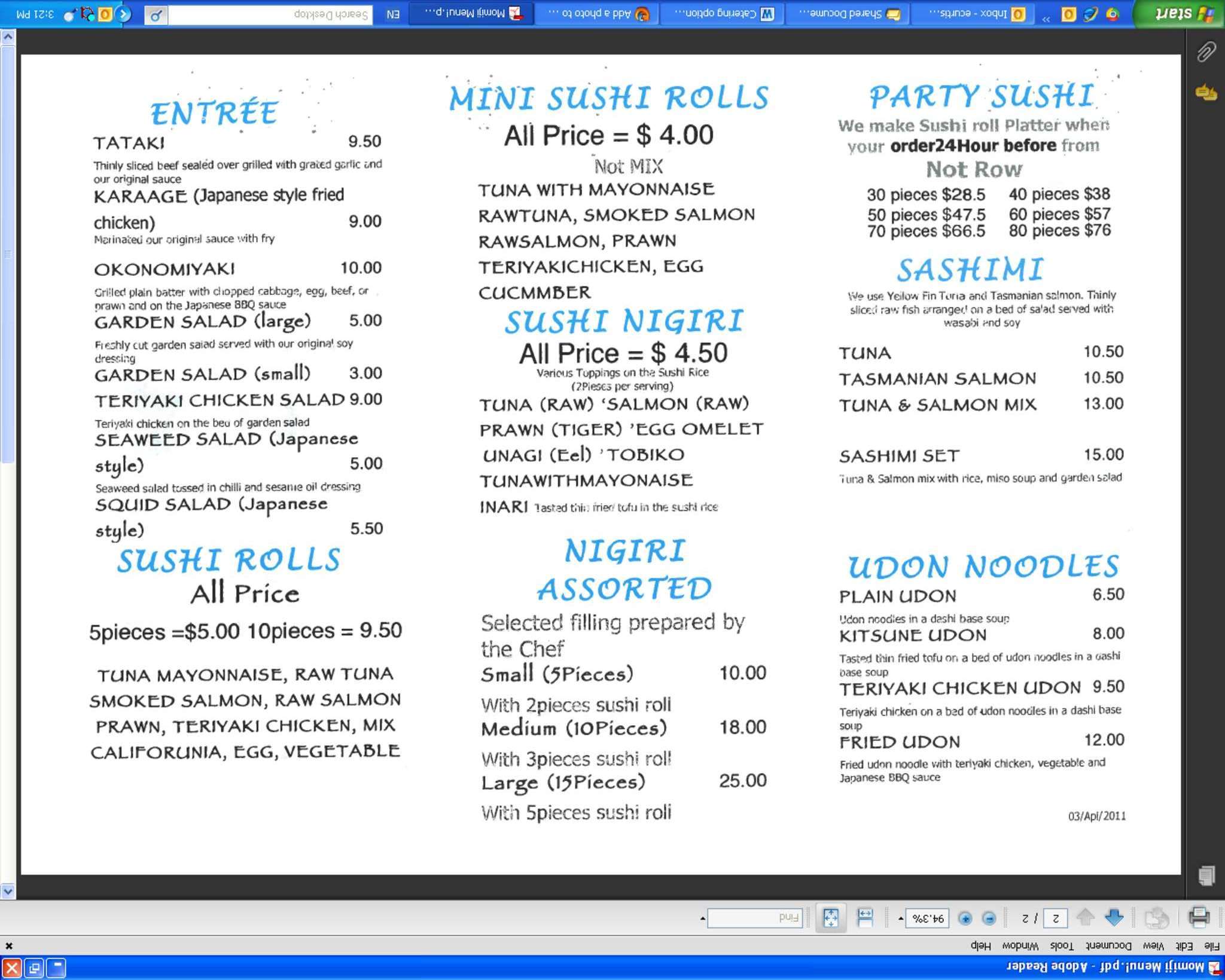 Menu at Momiji Japanese Takeaway restaurant, Belmont