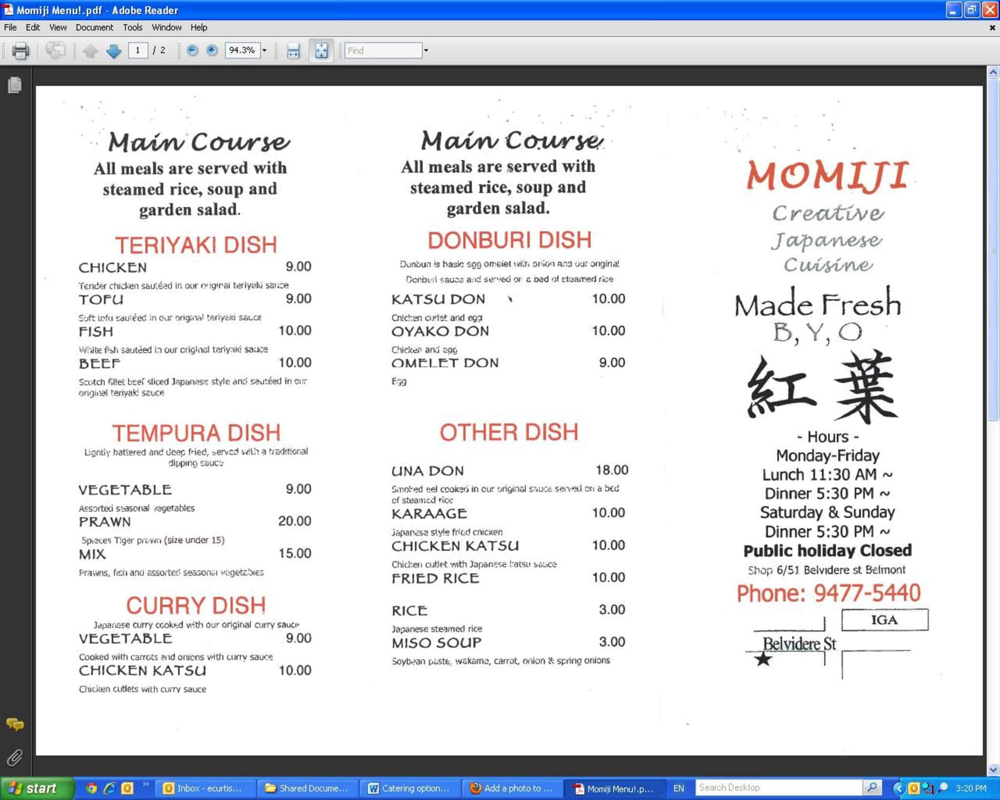 Menu at Momiji Japanese Takeaway restaurant, Belmont