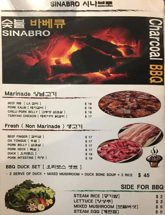 Menu at Sinabro BBQ, Northbridge