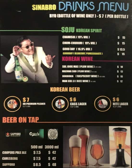 Menu at Sinabro BBQ, Northbridge