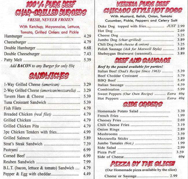 Menu at Strat's pizzeria, Villa Park