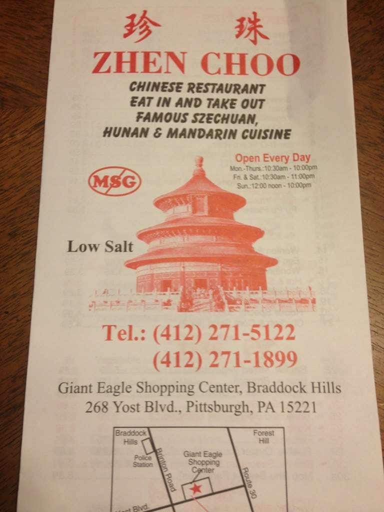 Menu at Zhen Choo Chinese Restaurant, Pittsburgh