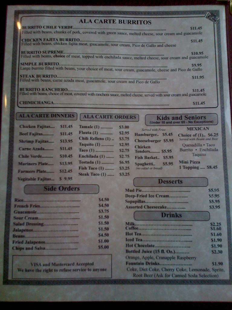 Menu at Agave restaurant, Sitka