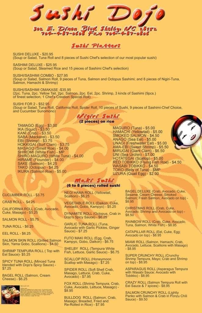 Sushi Dojo Menu, Menu for Sushi Dojo, Shelby, Shelby - Urbanspoon/Zomato