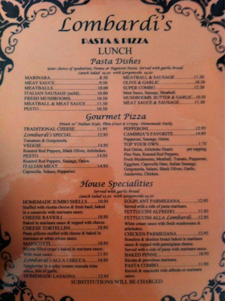 Menu at Lombardi's Pasta Familia, Cambria