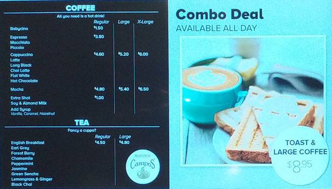 Menu at Trader & Co Cafe, Brisbane Airport