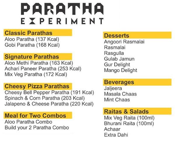 Menu of Paratha Experiment, Rajarajeshwari Nagar, Bangalore