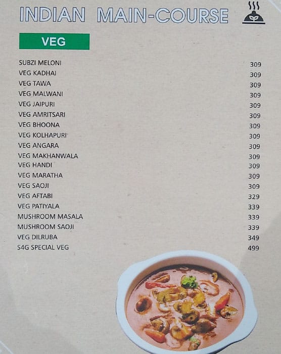 Menu at Hotel S4G, Pune
