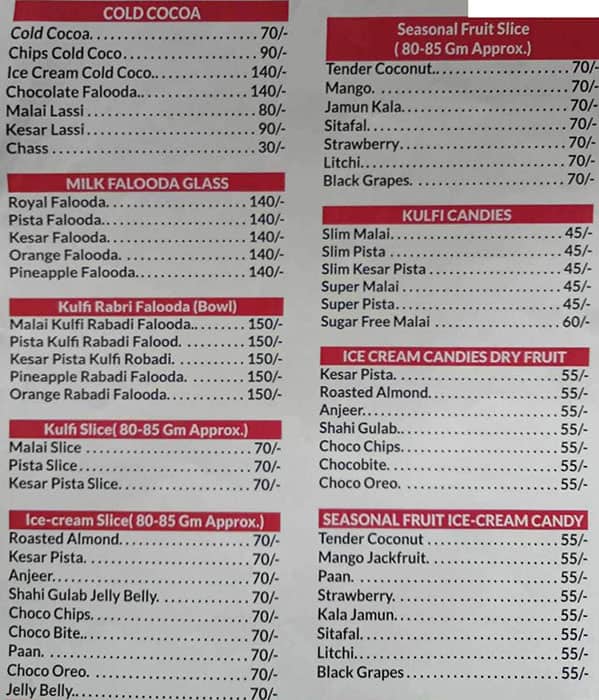Menu of Sanjay Ice Cream, Malad West, Mumbai