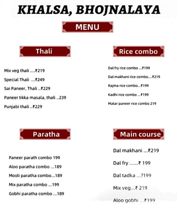 Menu of Khalsa Bhojnalaya, Near Andheri East Station, Mumbai