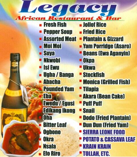 Menu at Legacy Restaurant and Bar, London