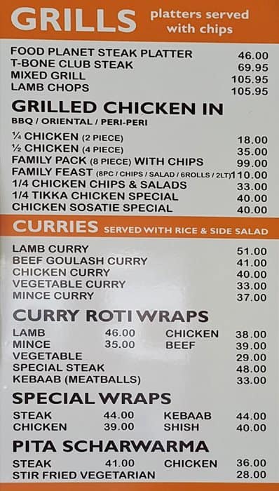 Menu at THE FOOD PLANET restaurant, Cape Town, Main Rd