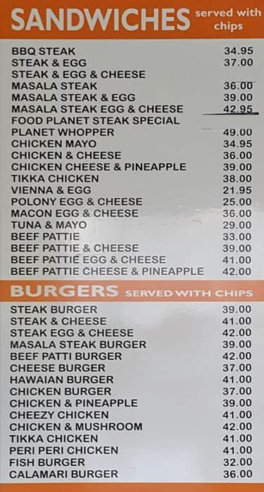 Menu at THE FOOD PLANET restaurant, Cape Town, Main Rd