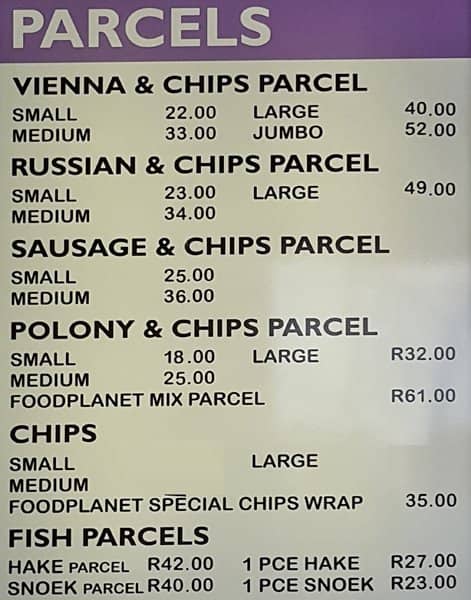 Menu at THE FOOD PLANET restaurant, Cape Town, Main Rd