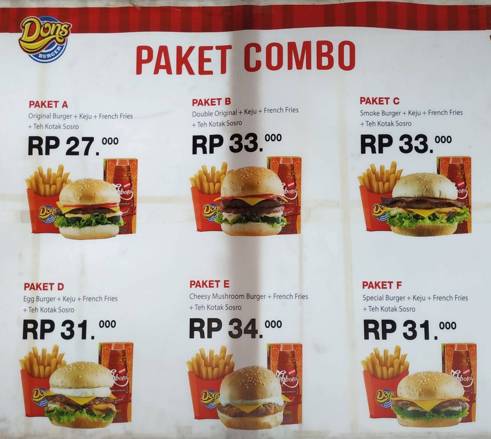 Menu at Don's Burger restaurant, South Jakarta