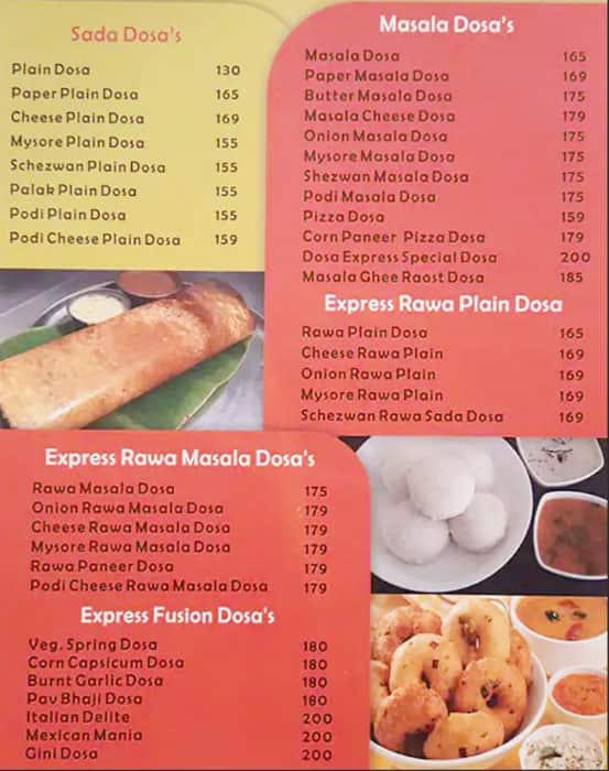 Menu of Dosa Express, Alpha One Mall, Vastrapur, Ahmedabad