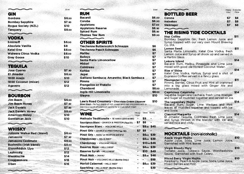 Menu at The Rising Tide restaurant, Tauranga