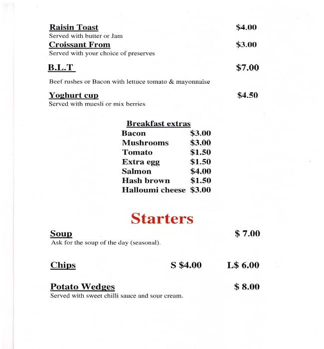 Menu at Mills Cafe, Coburg