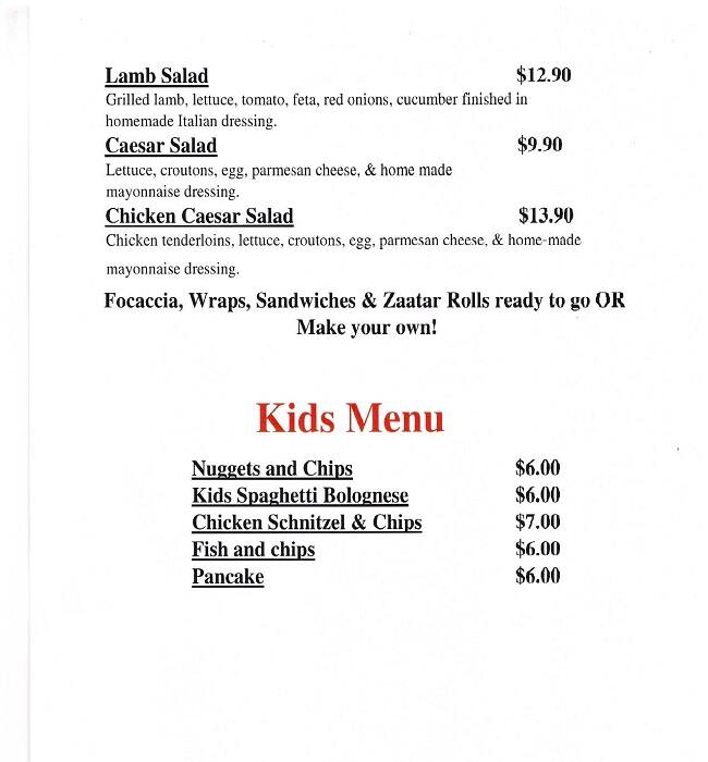 Menu at Mills Cafe, Coburg