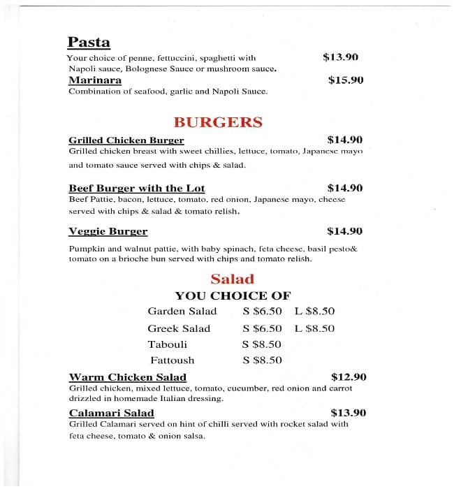 Menu at Mills Cafe, Coburg