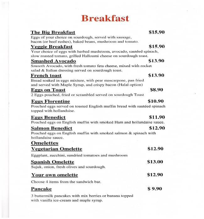 Menu at Mills Cafe, Coburg