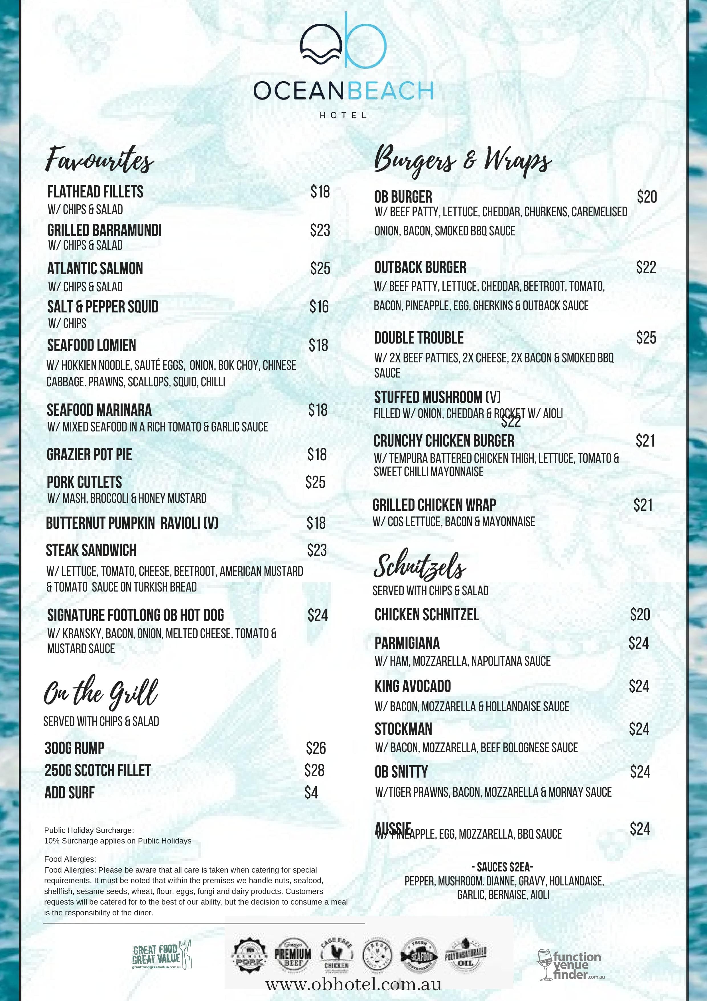 Menu at Ocean Beach Hotel pub & bar, Umina Beach, 259 West St