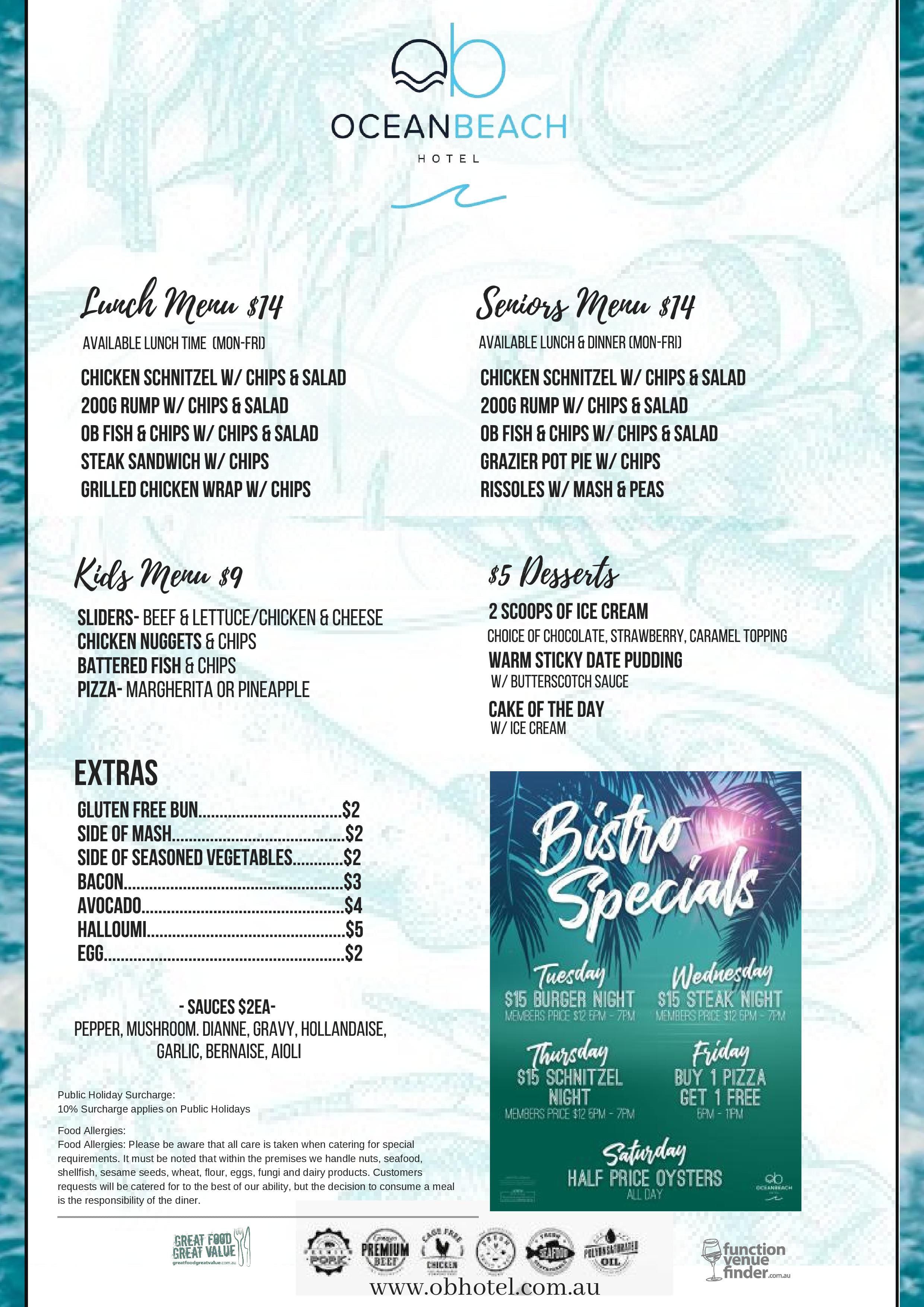 Menu at Ocean Beach Hotel pub & bar, Umina Beach, 259 West St