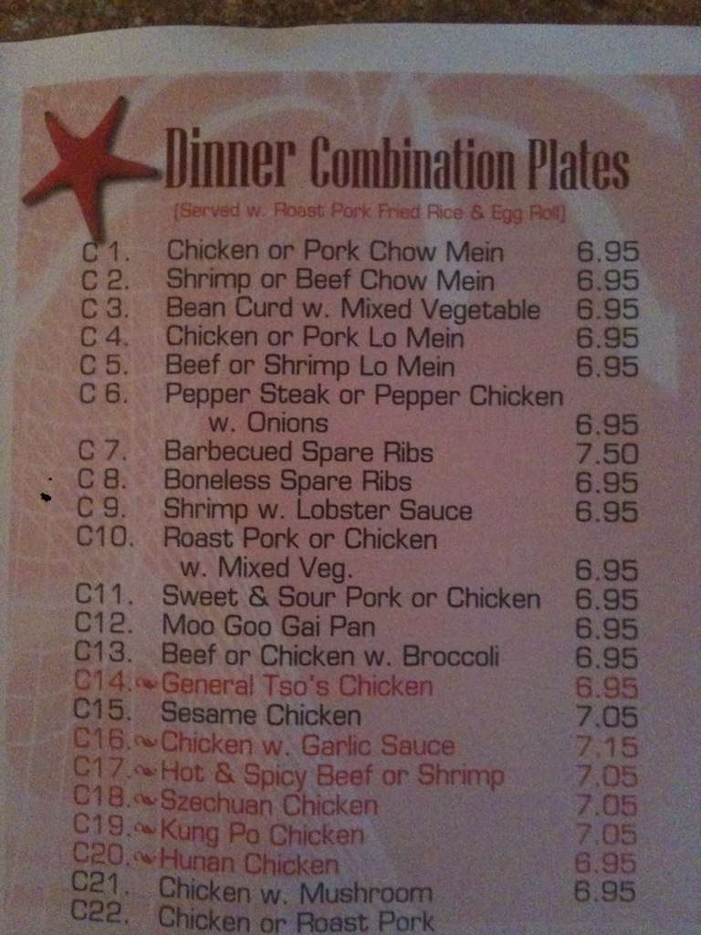 Menu at China Star restaurant, Durham, Hillsborough Rd