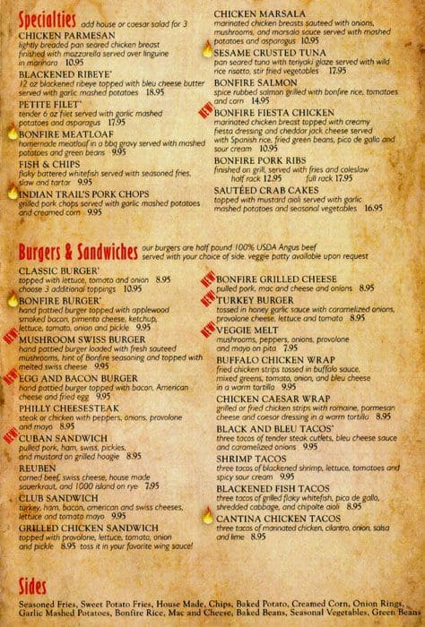 Menu at Bonfire Bar & Grill, Concord, 970 Branchview Dr NE