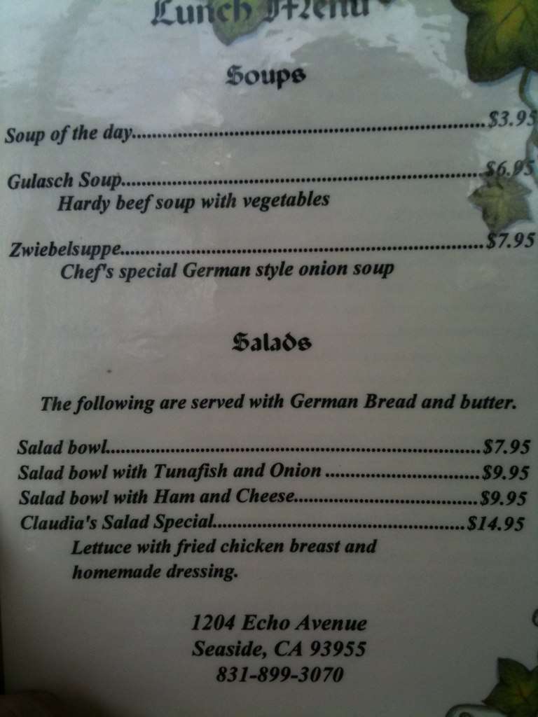 Menu at German Restaurant Stammtisch, Seaside