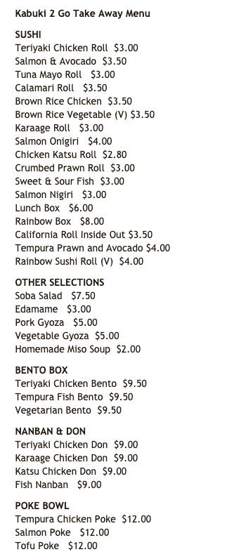 Menu at Kabuki 2 Go restaurant, Brisbane City