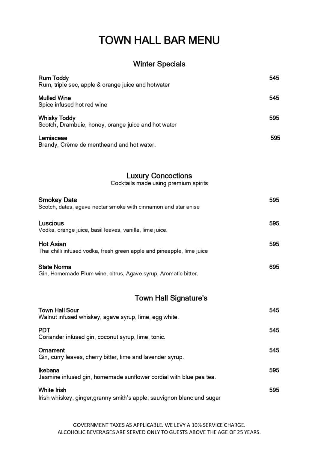 Menu of Town Hall, Lower Parel, Mumbai