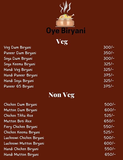 Menu of Oye Biryani, Sector 72, Noida