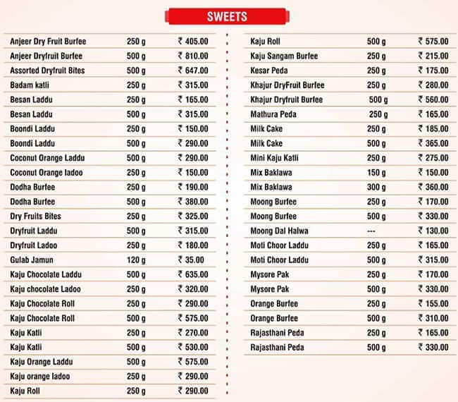 Menu of Haldiram's Sweets and Namkeen, 150 Feet Ring Road, Rajkot