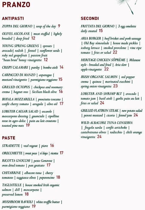 Menu at Aria restaurant, Toronto, 25 York St