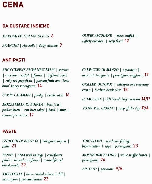 Menu at Aria restaurant, Toronto, 25 York St