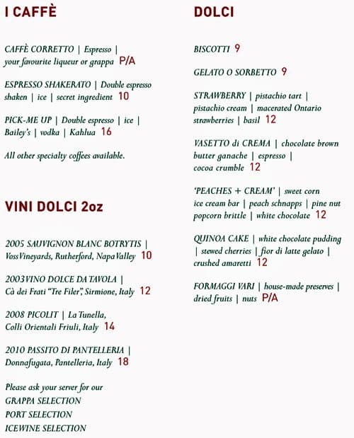 Menu at Aria restaurant, Toronto, 25 York St