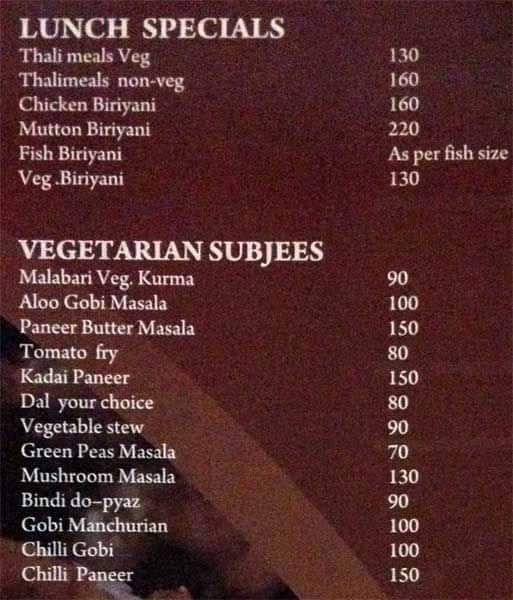 Menu at Malabar Illam, Kochi