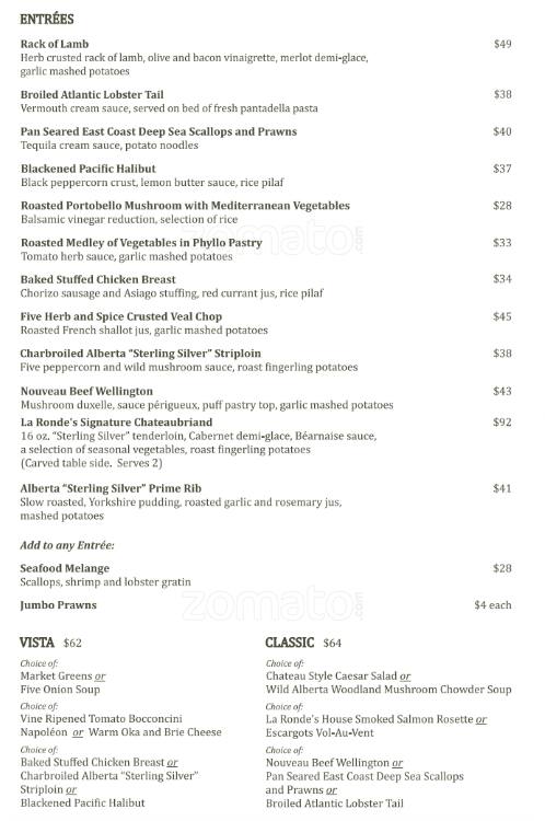 Menu at La Ronde Revolving Restaurant, Edmonton