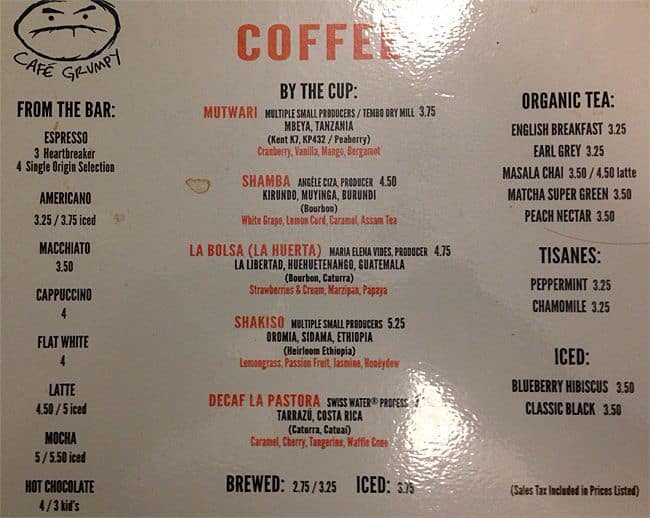 Menu at Café Grumpy cafe, New York City, 224 W 20th St