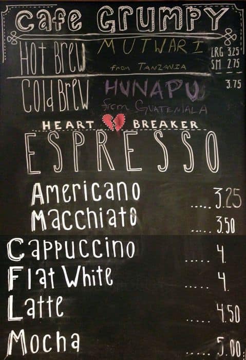 Menu at Café Grumpy restaurant, New York City, 224 W 20th St