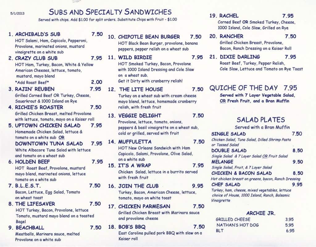 Menu at Archibald's restaurant, Holden Beach