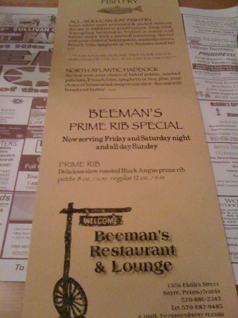 Menu at Beeman's restaurant, Sayre