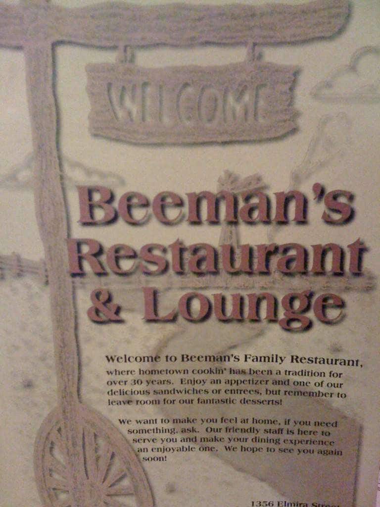 Menu at Beeman's restaurant, Sayre