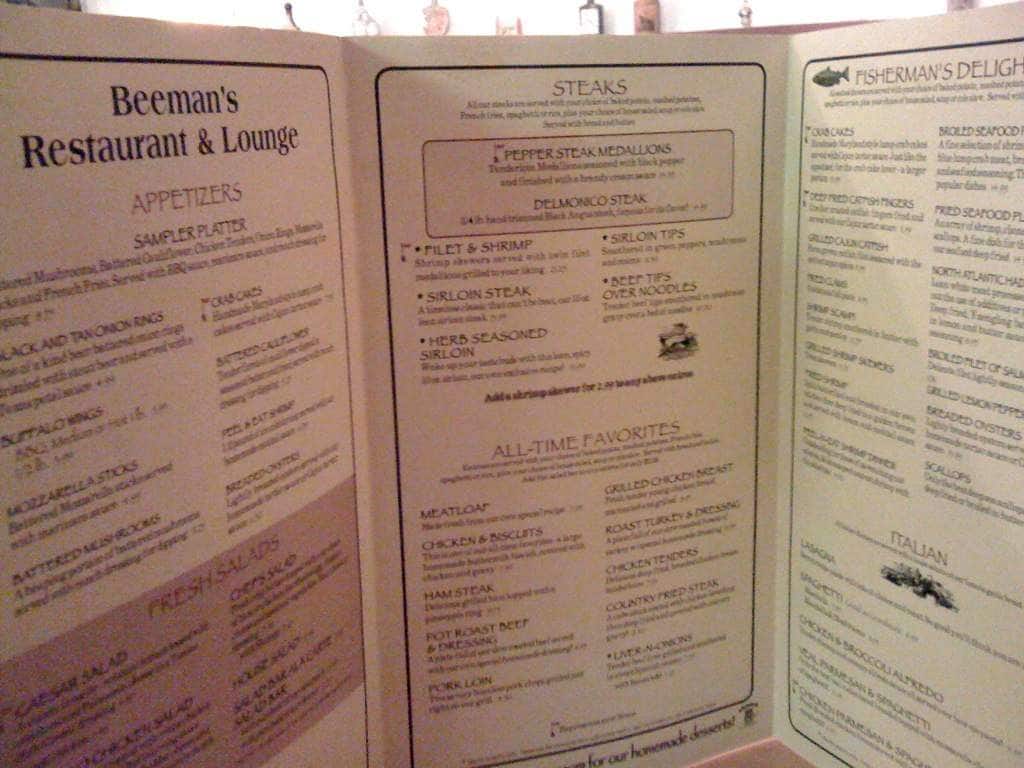 Menu at Beeman's restaurant, Sayre