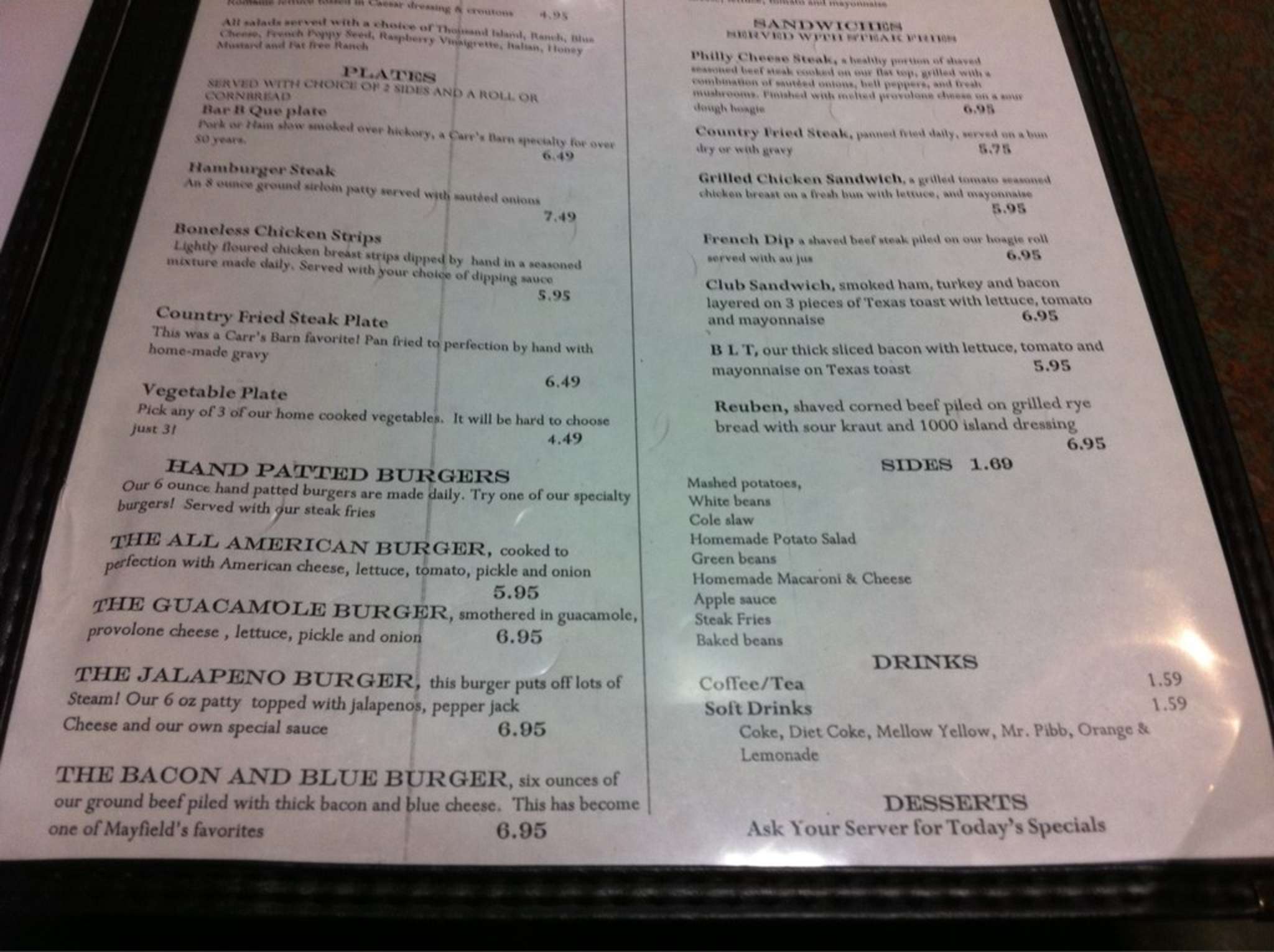Menu at Carr's Barn, Mayfield