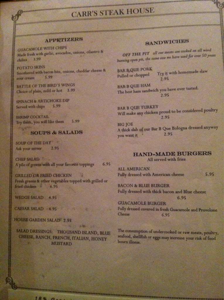 Menu at Carr's Barn, Mayfield